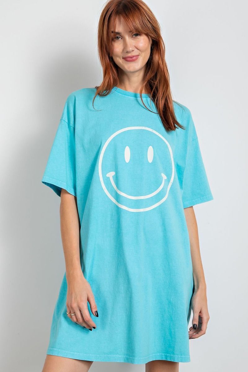 Don't Worry Be Happy Oversized Smiley Face Dress in Turquoise – Poppy ...